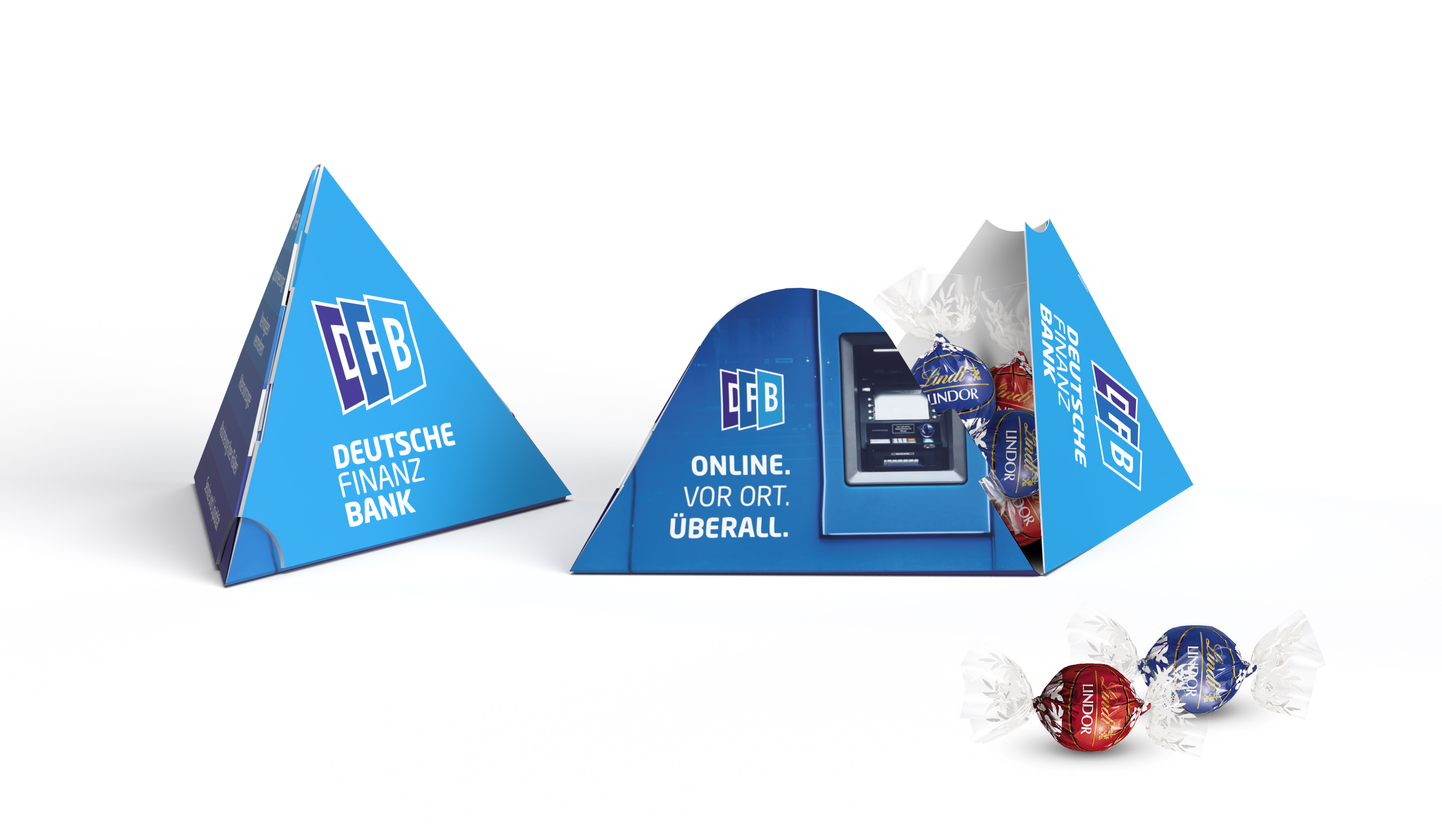 Pyramidenbox als Werbemittel zum Discount-Preis - Füllung: Lindt Lindor Kugeln, Veredelung: CMYK ...